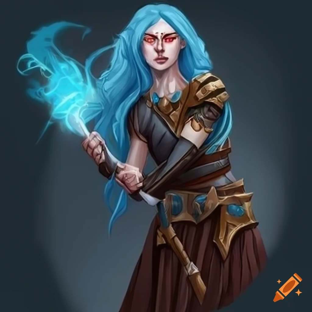 Aasimar character with pale skin, bright blue hair, and red eyes on Craiyon