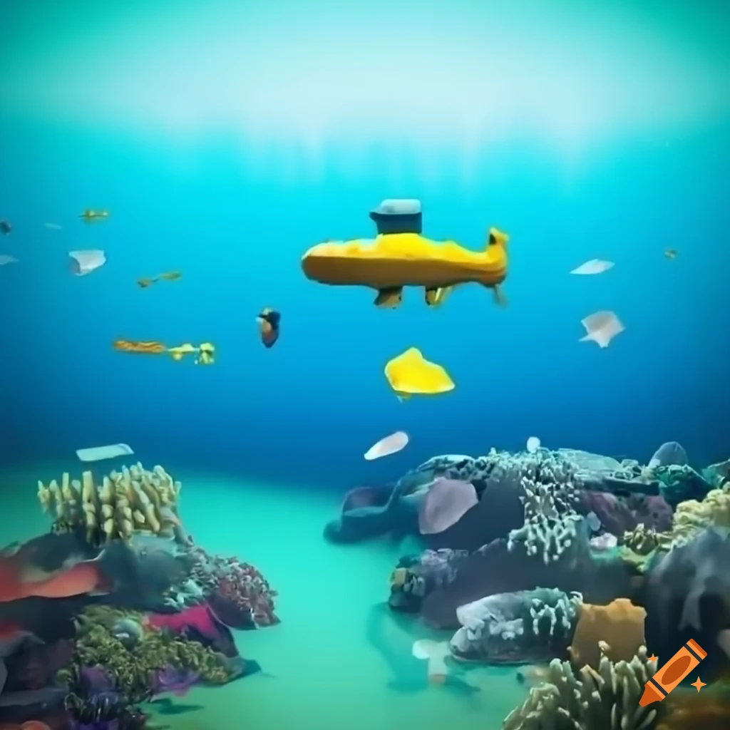 Surreal sea render with low-poly submarine and coral reef on Craiyon