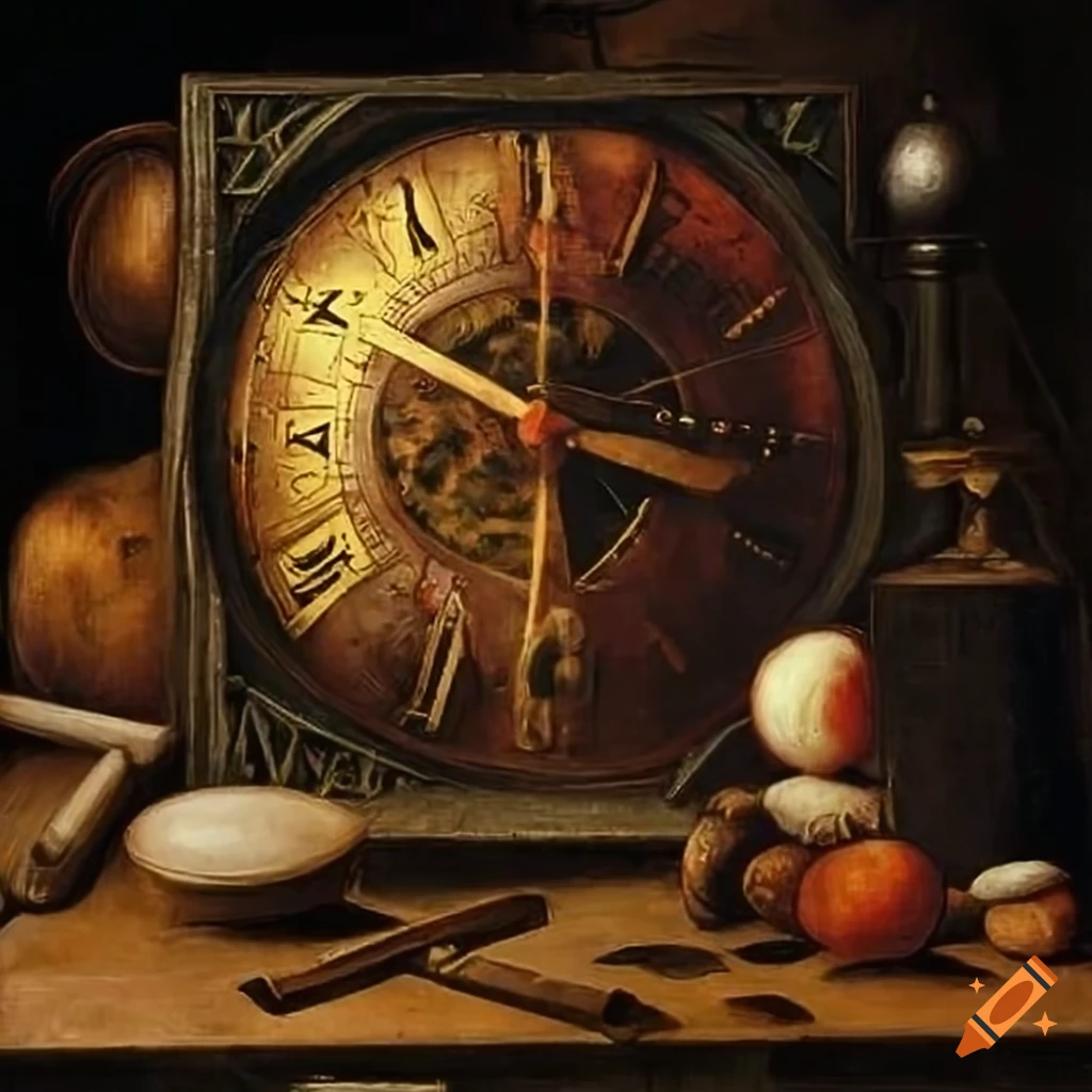 Medieval painting of clock with nebula, tools, and leaves by peter ...