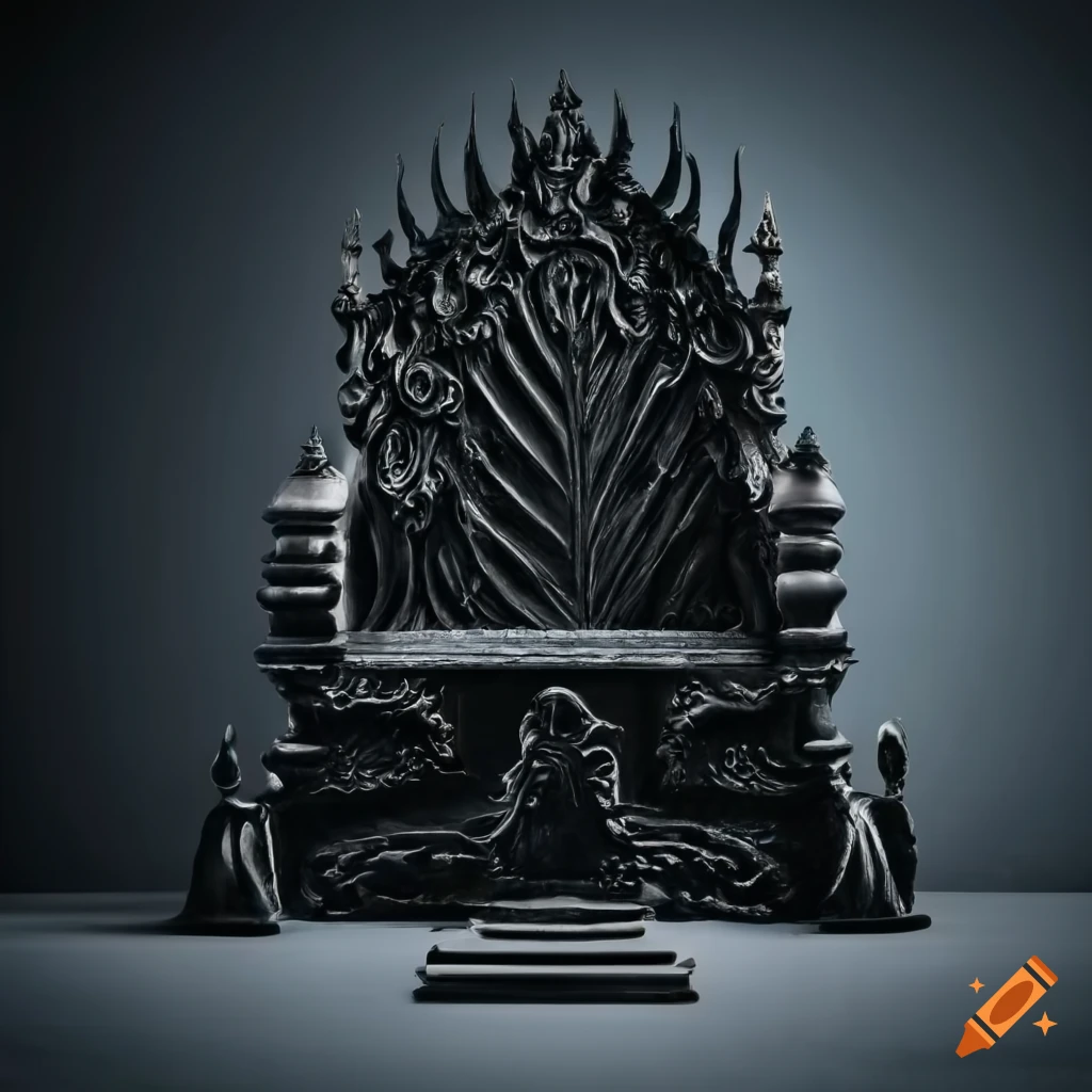 Large black stone throne with metal pipes flowing into the back on Craiyon