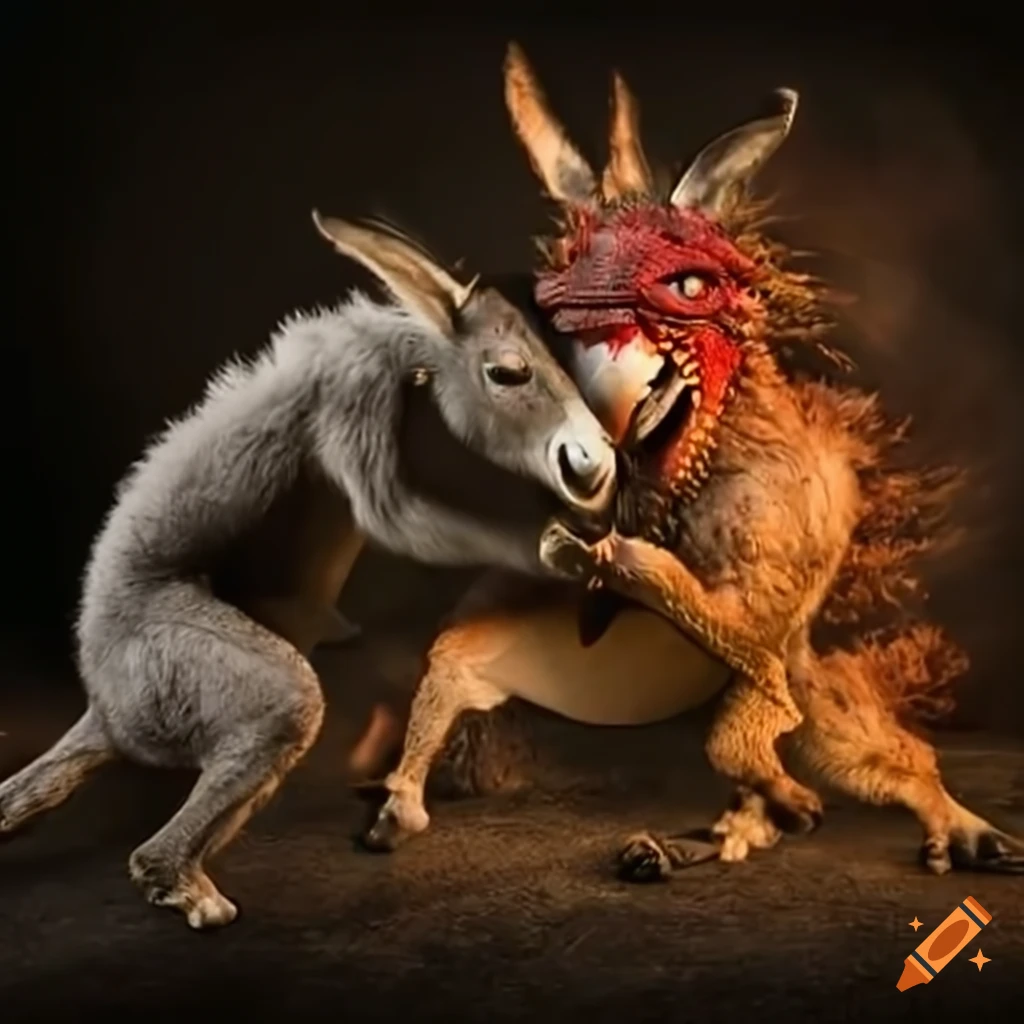 Donkey and dragon fighting with a games console on Craiyon