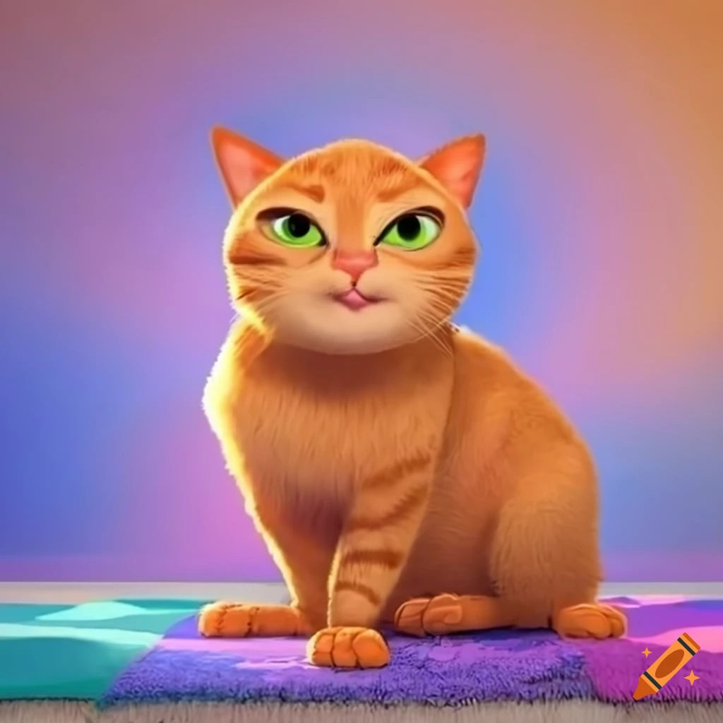 Happy orange cat on a rug in Pixar animation style on Craiyon