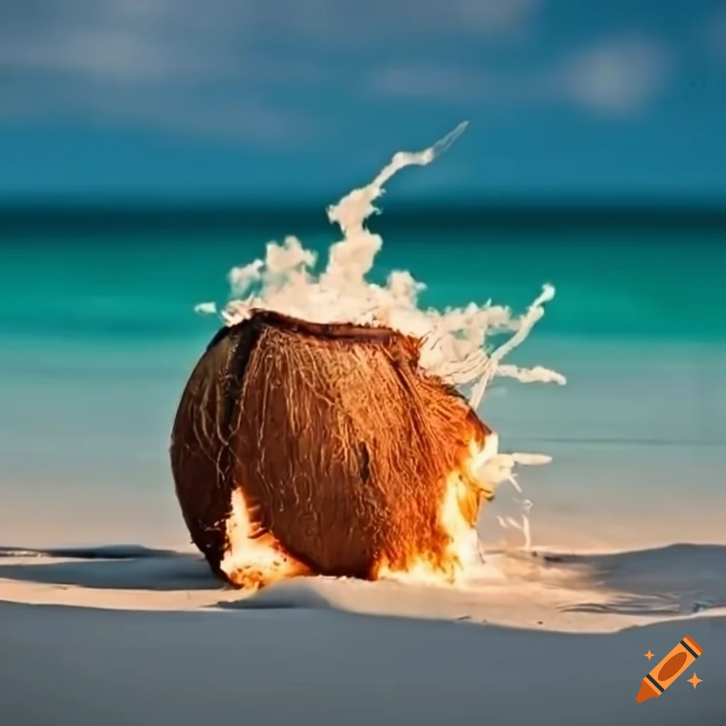 Coconut explosion on a beach on Craiyon