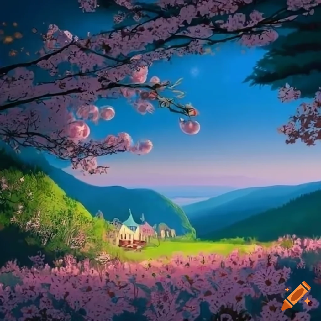 Enchanting Studio Ghibli landscape with blossoming flowers and a full ...