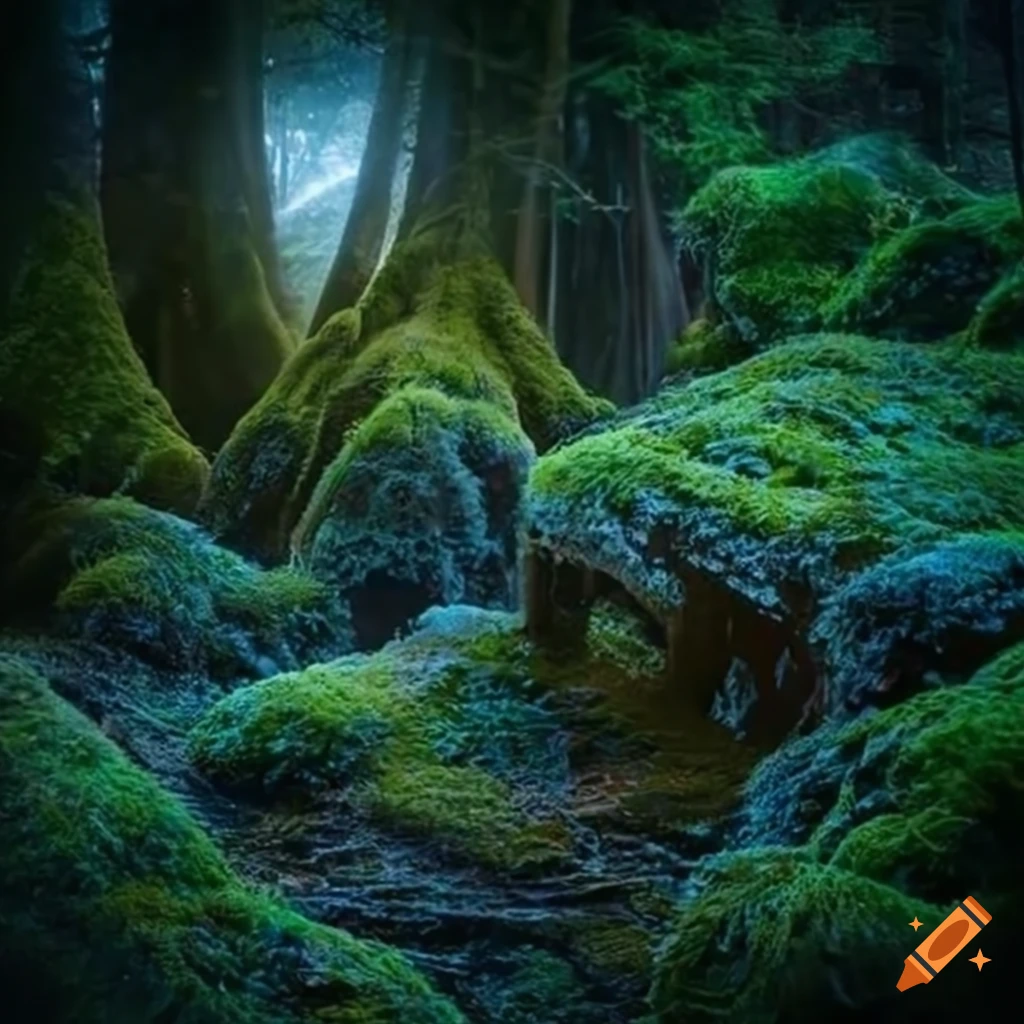 Bright enchanted magical forest with silver moss on the ground on Craiyon