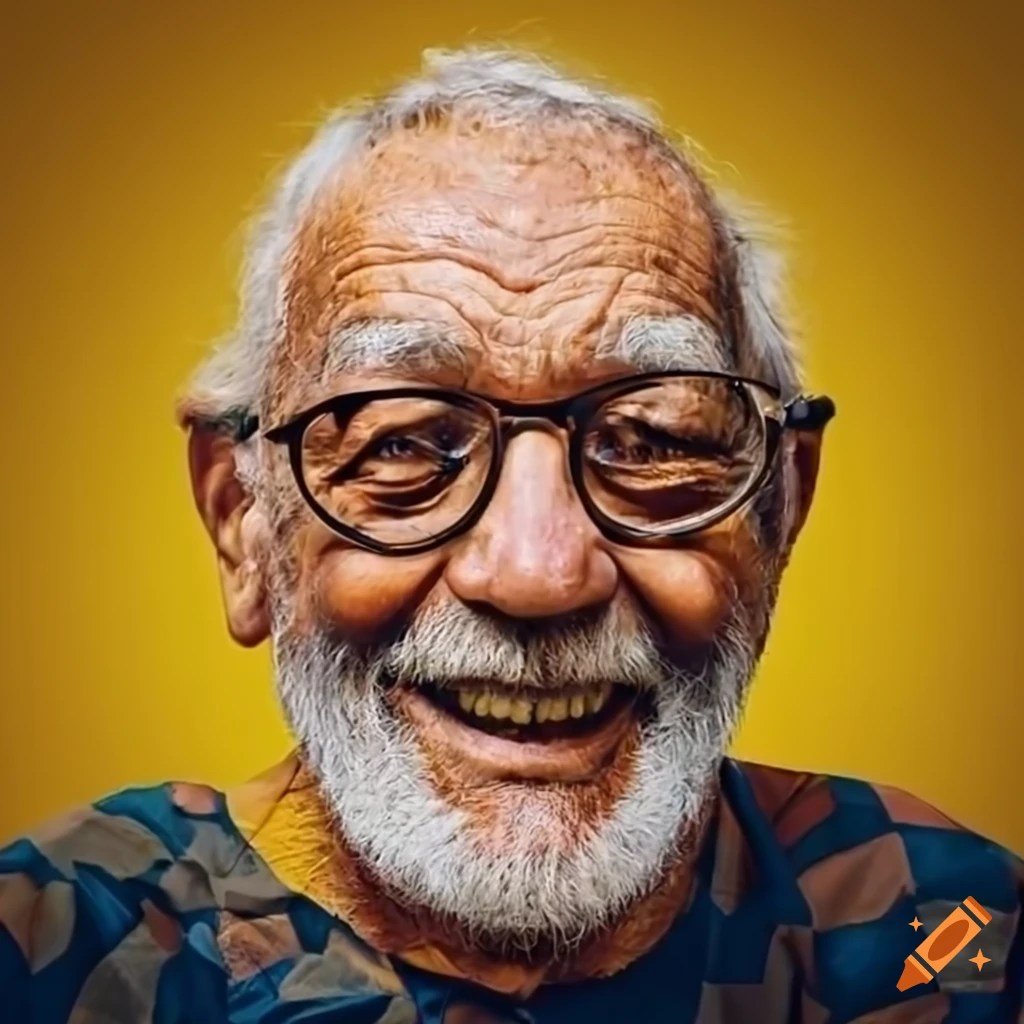 Smiling elderly man with glasses on mustard yellow background on Craiyon