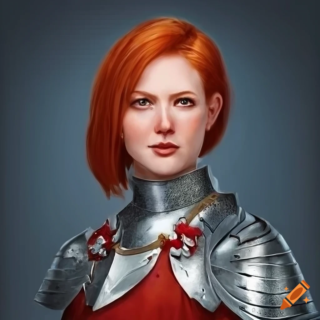 Photorealistic portrait of a female knight with short red hair in plate ...