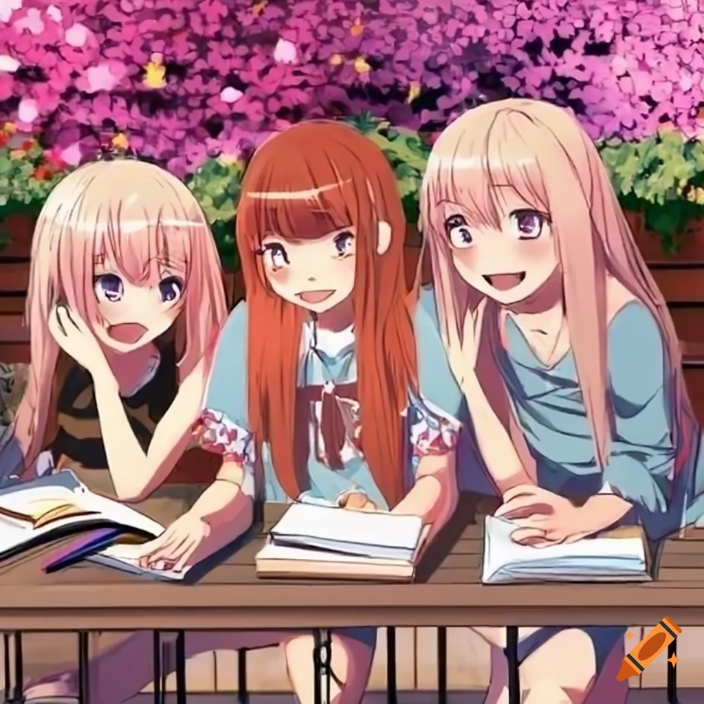 Cheerful group of anime girls studying together at a flower-filled ...