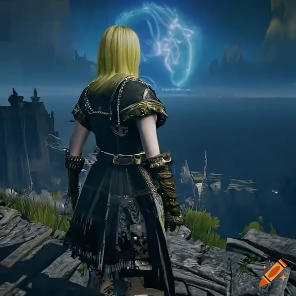 Avril lavigne in elden ring, high-angle mid shot from behind on Craiyon