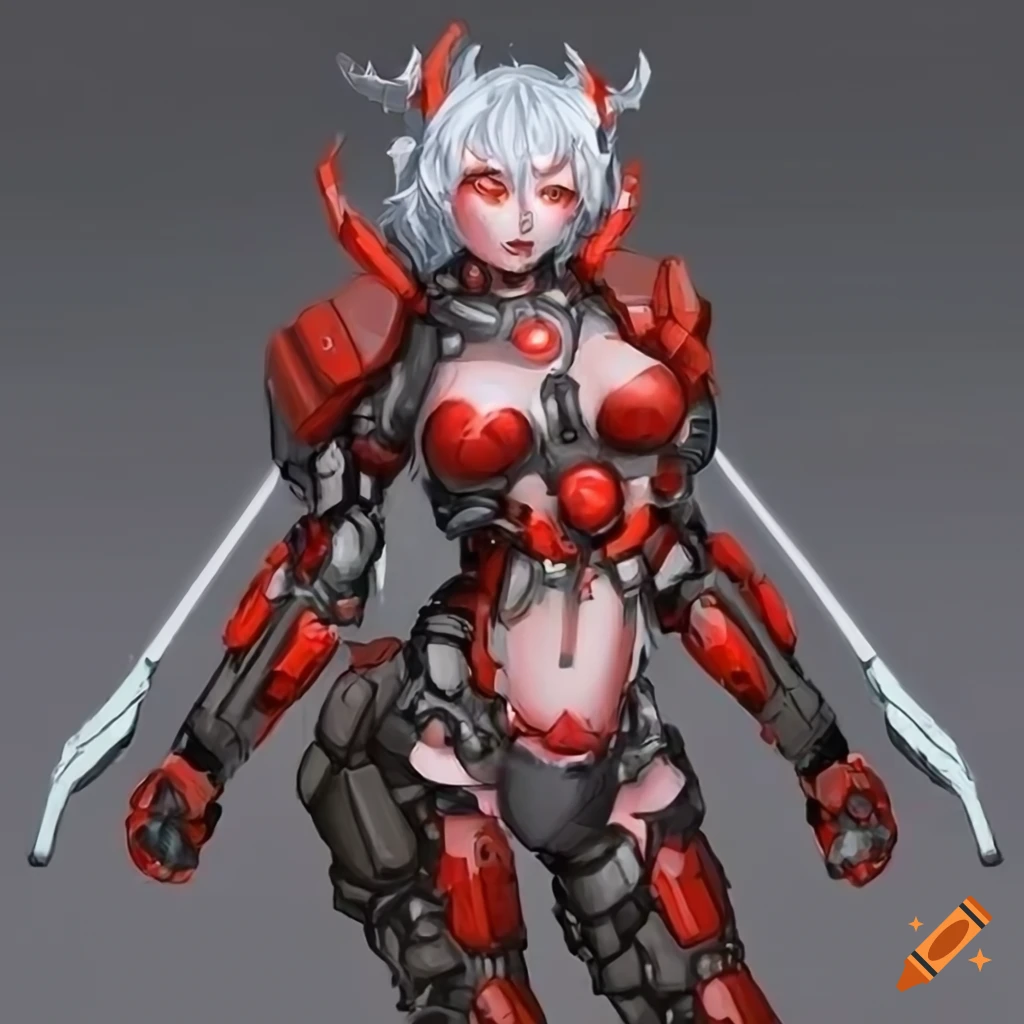 Red-skinned white-haired demon girl in mech attire on Craiyon