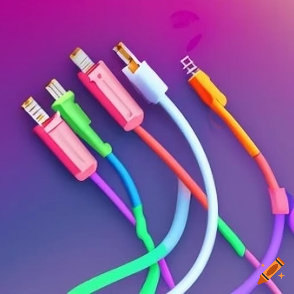 Electrical cables and plugs on a white surface on Craiyon