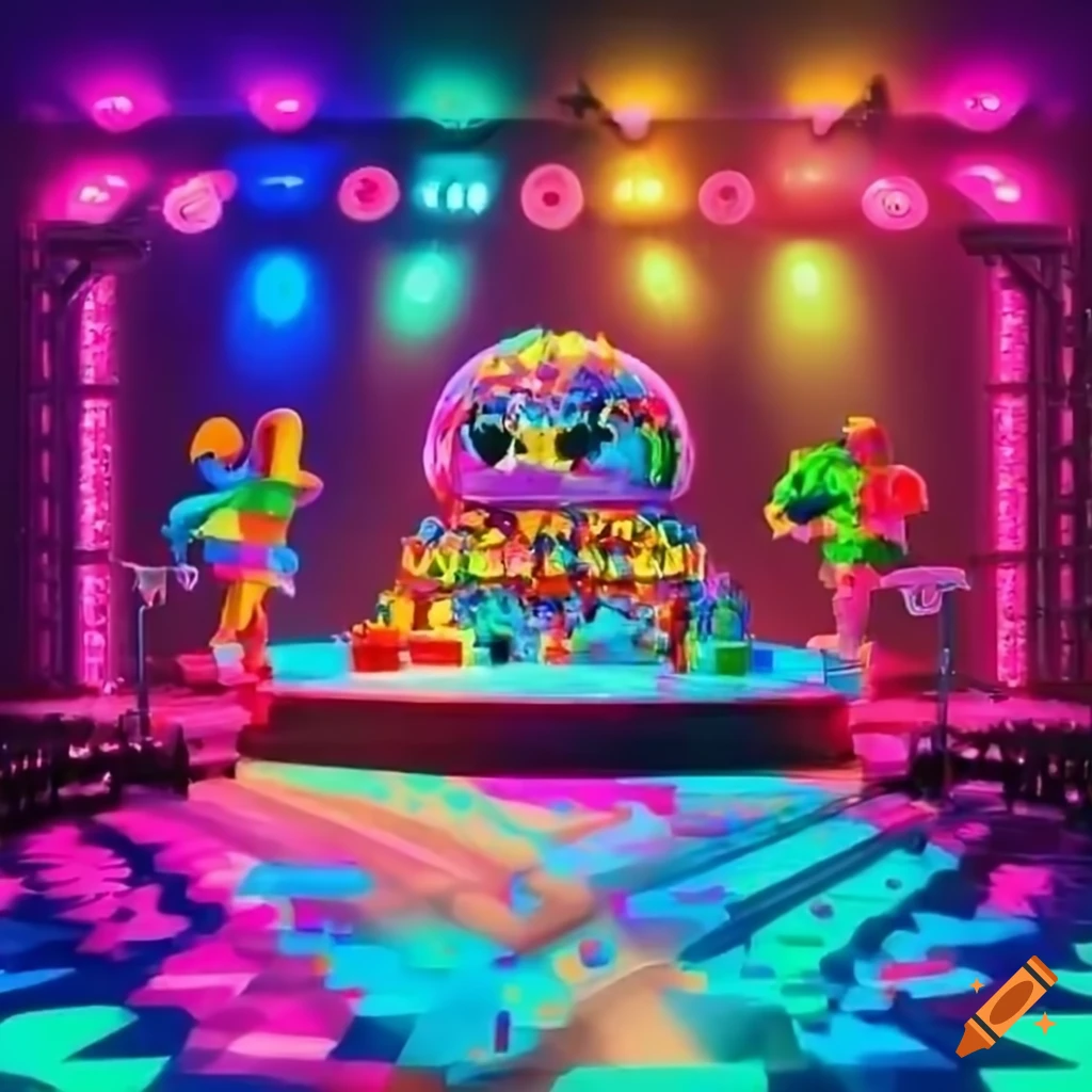 Colorful concert stage with bright neon lights in toyland style on Craiyon
