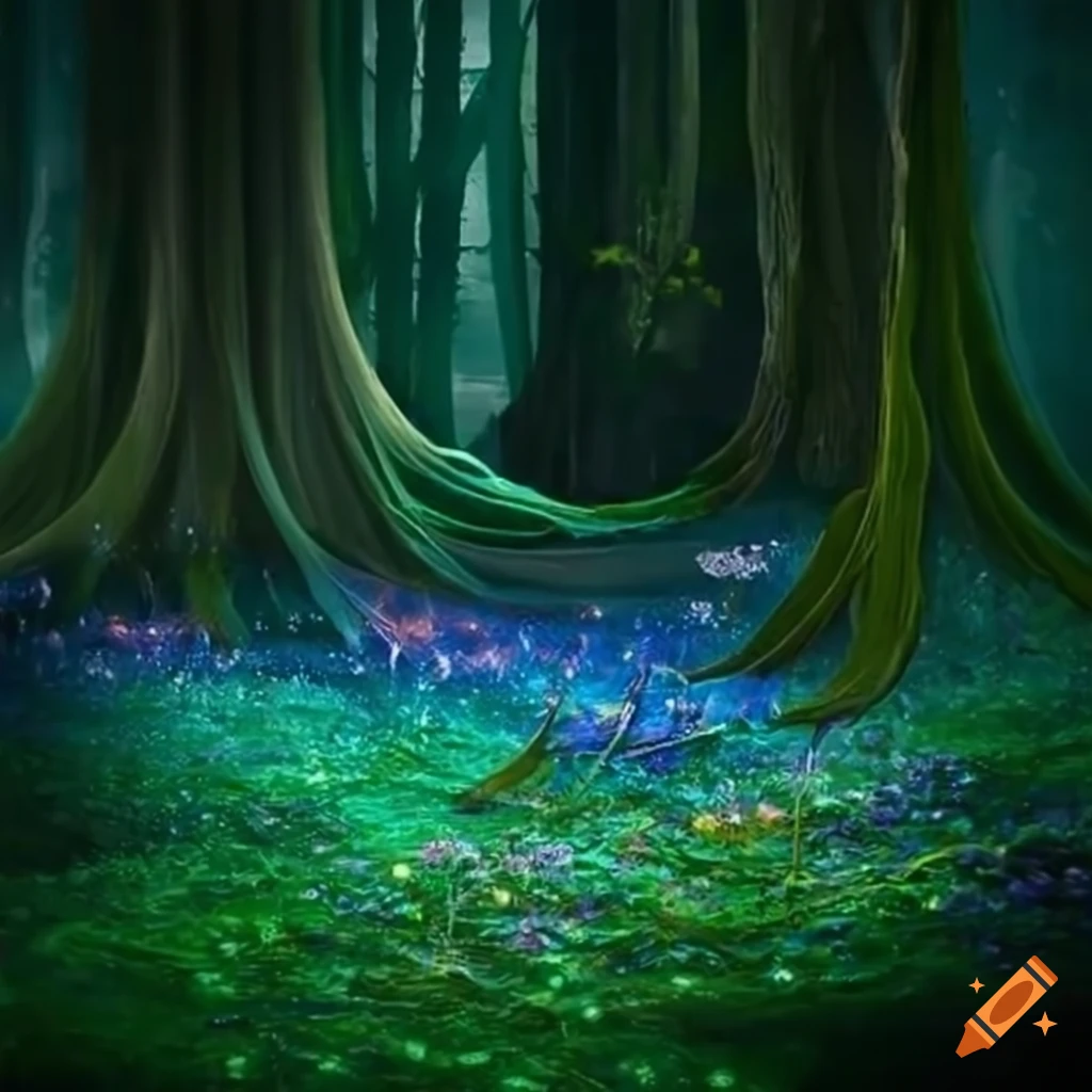 Bright enchanted magical forest with starflowers on the floor on Craiyon