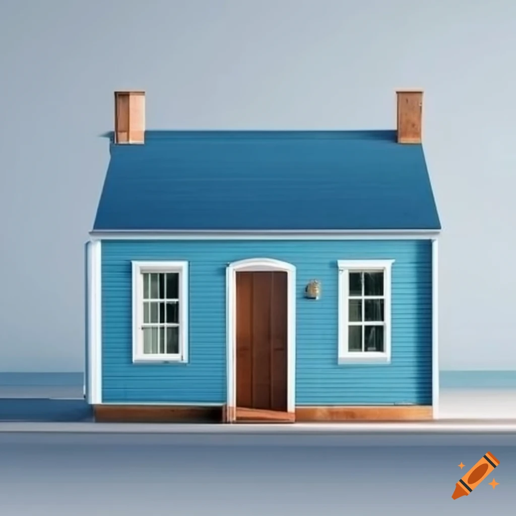 A blue house with white windows against a white background in realistic ...