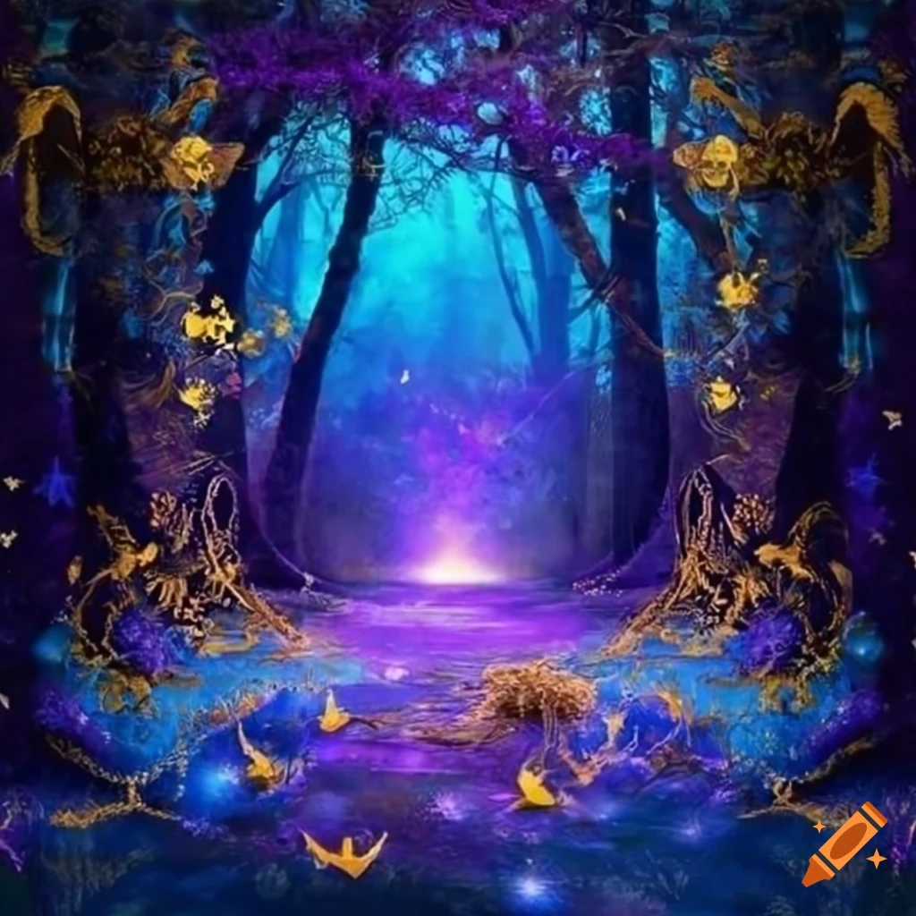 Enchanted magical blue-purple forest with golden thalers on the ground ...
