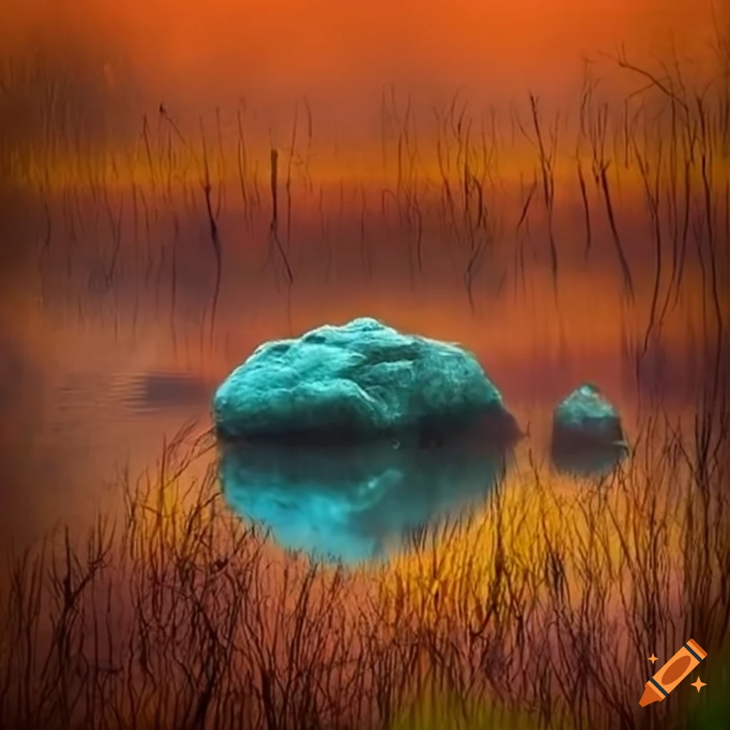 Rocks floating in a colorful misty marsh on Craiyon