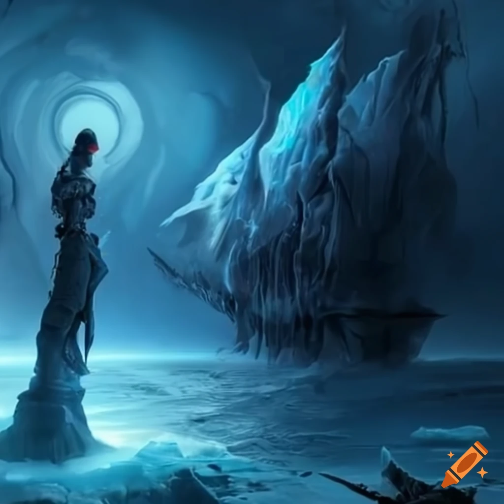 Lich emerging from arctic ice in black and blue colors on Craiyon