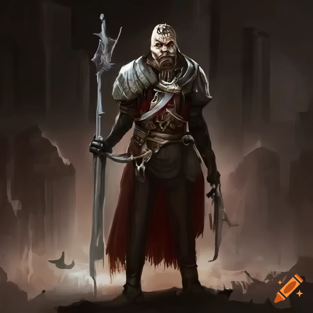 Human inquisitor with a rifle-glaive in a wartorn Spanish city in a ...