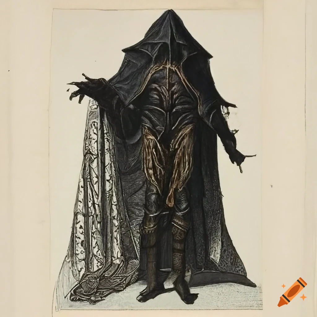 Dark human mage with an imposing presence and intricate cloak on Craiyon