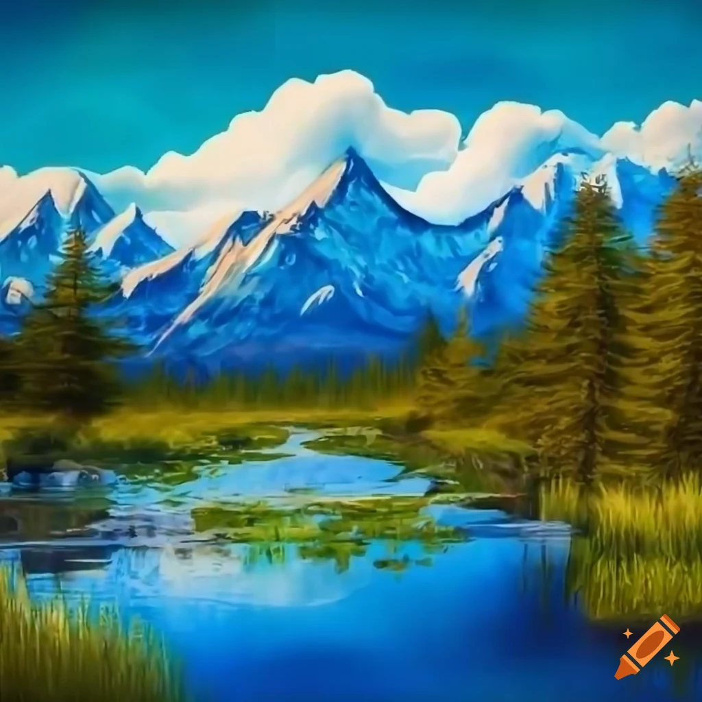 Bob ross style artwork of a serene pond, trees, and snow-covered ...