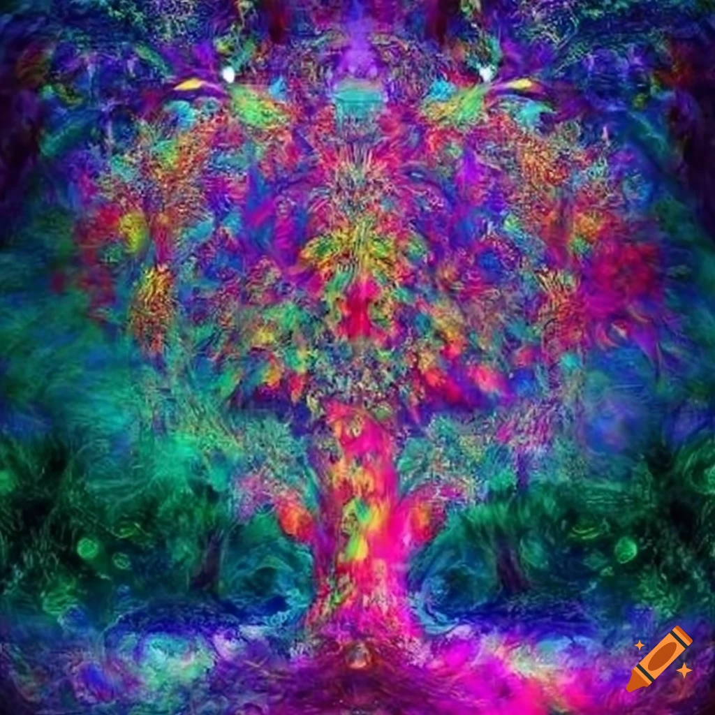 Bright ethereal psychedelic giant tree on Craiyon