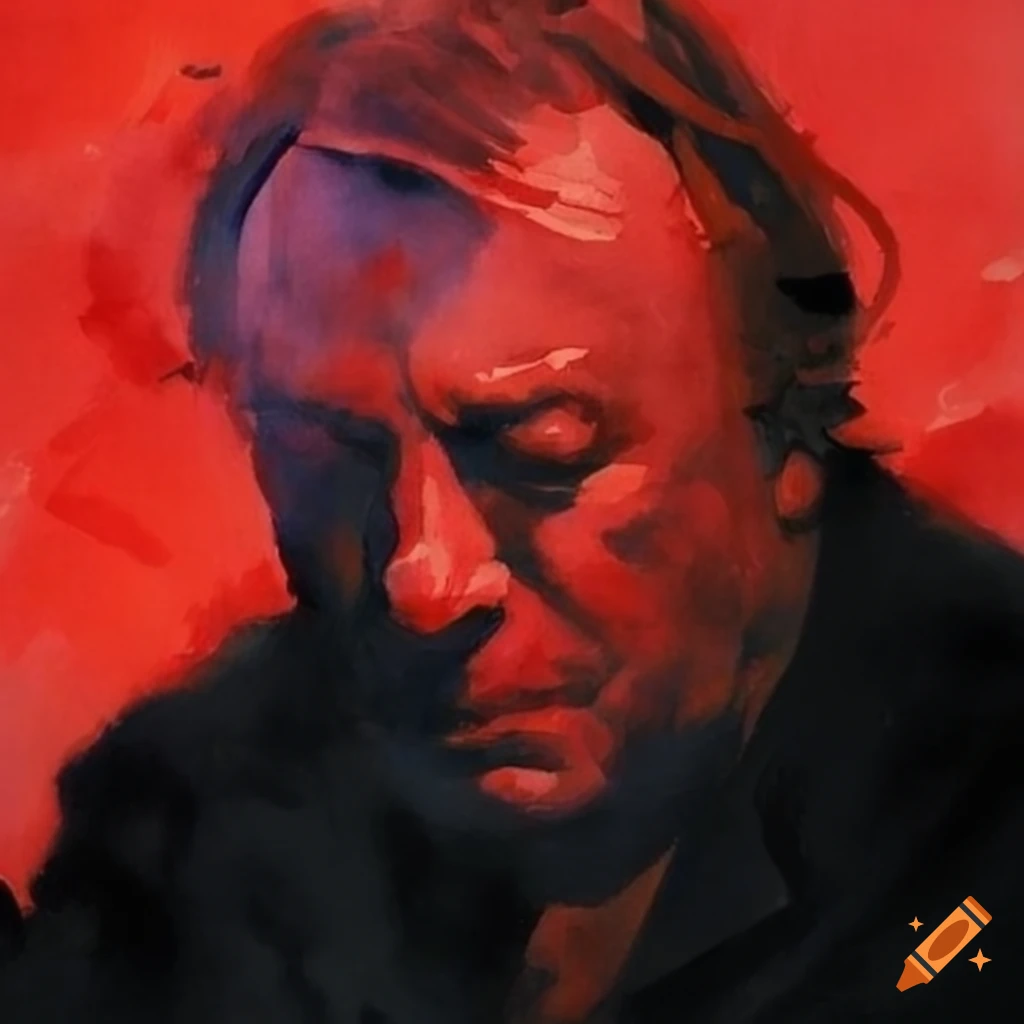 Christopher hitchens portrait in red and black watercolor on Craiyon
