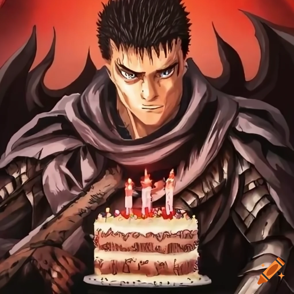 Guts berserk with birthday cake and 'happy birthday lisa' banner on Craiyon