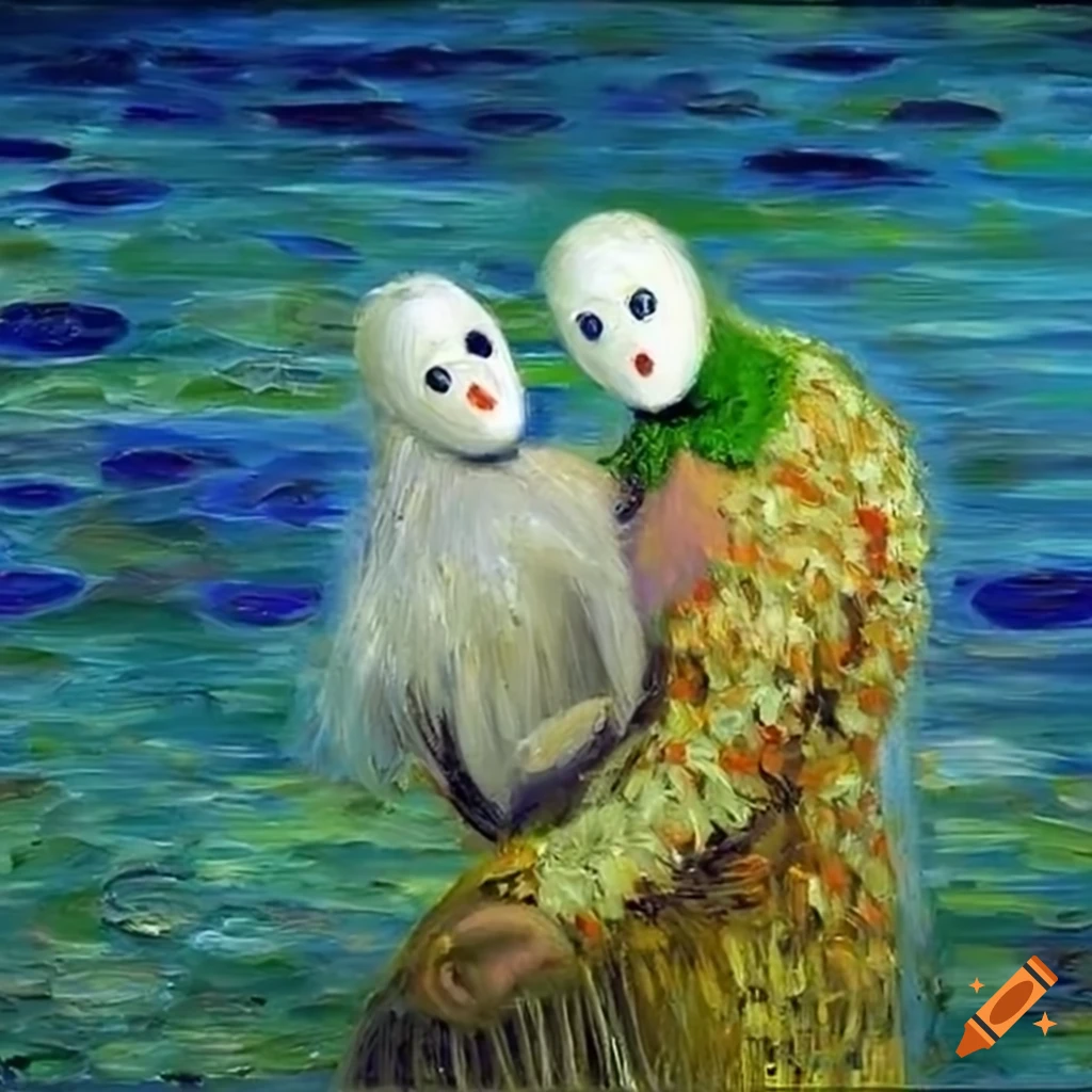 Nocturnal oil painting of two masked people hugging by the lake with ...