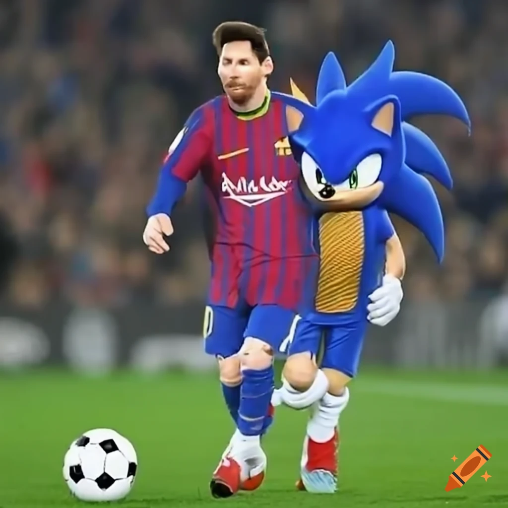 Lionel messi playing soccer against sonic the hedgehog on Craiyon