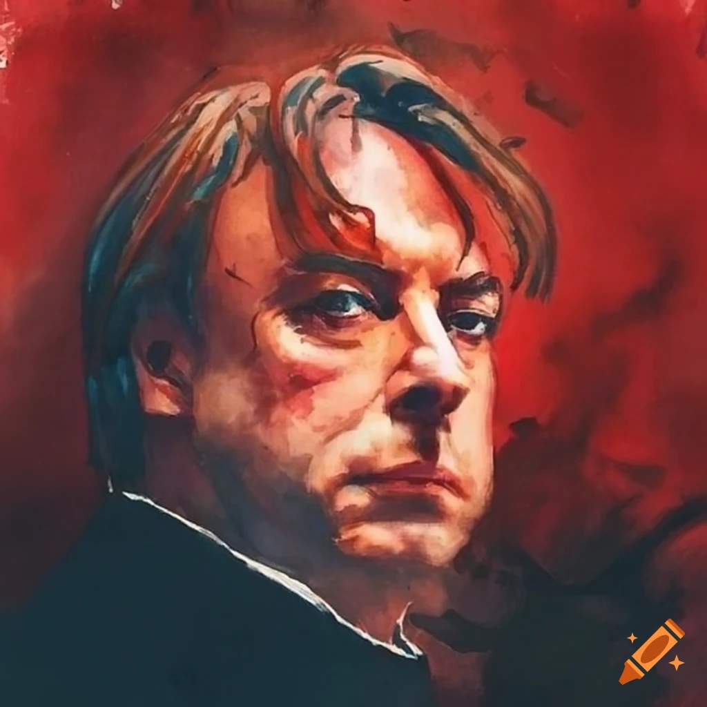 Portrait of Christopher Hitchens with a stern expression in red and ...