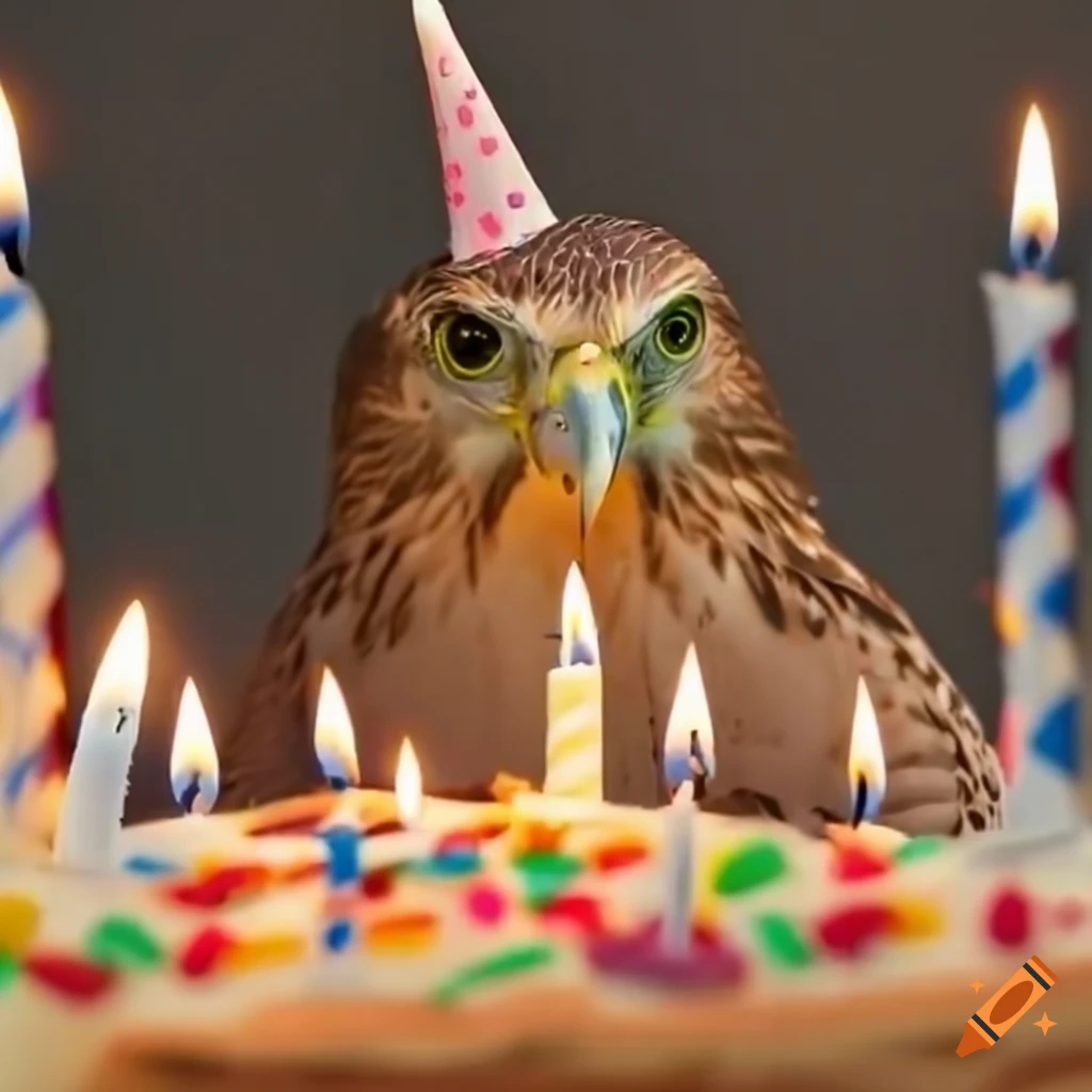 Hawk enjoying birthday cake with candles on Craiyon