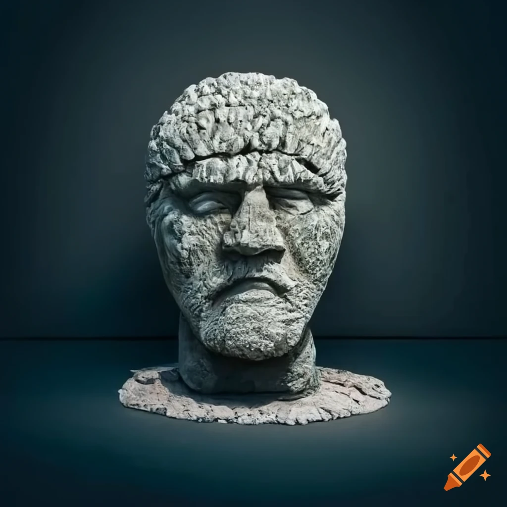 Giant stone head statues emerging from the ground on Craiyon