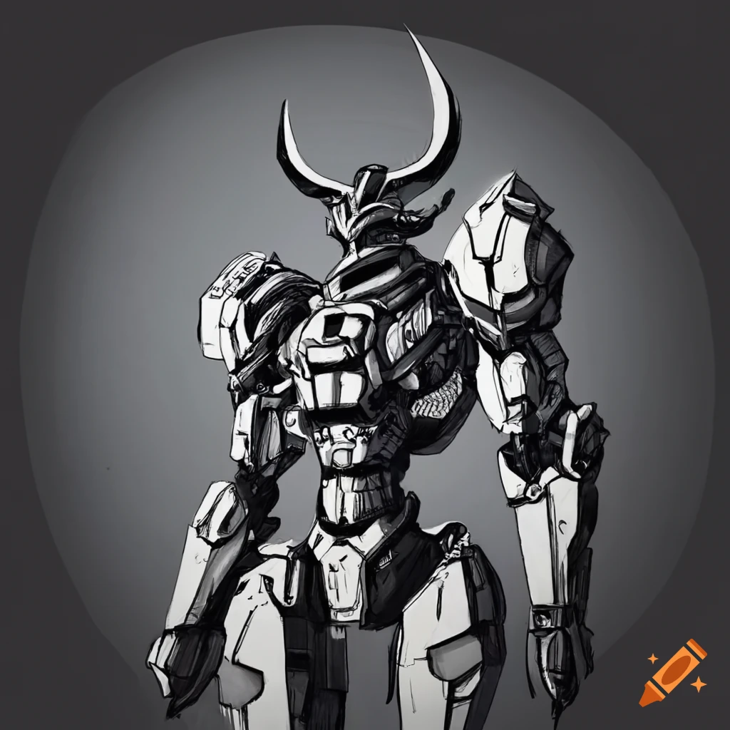 Oni mech pencil sketch in black and white on Craiyon