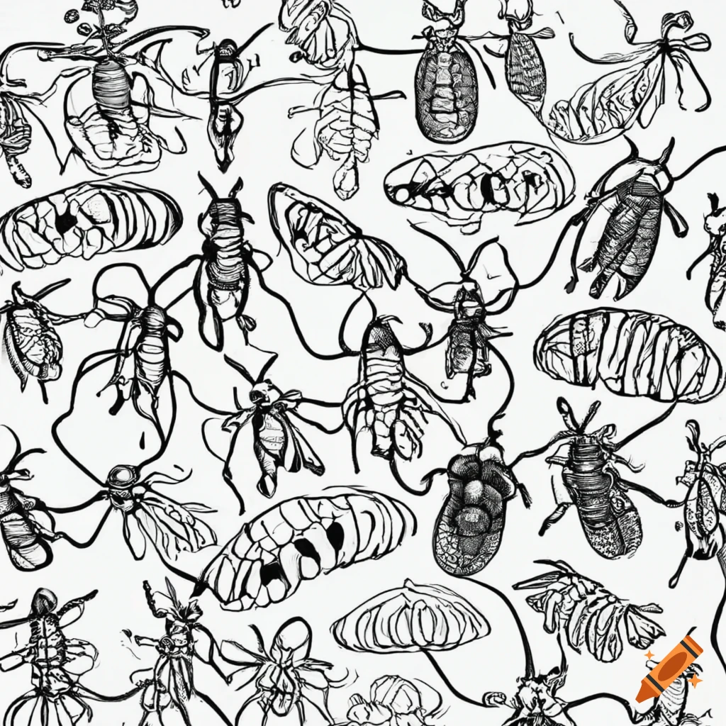 Line drawing of a large group of fantastic insects interacting on Craiyon