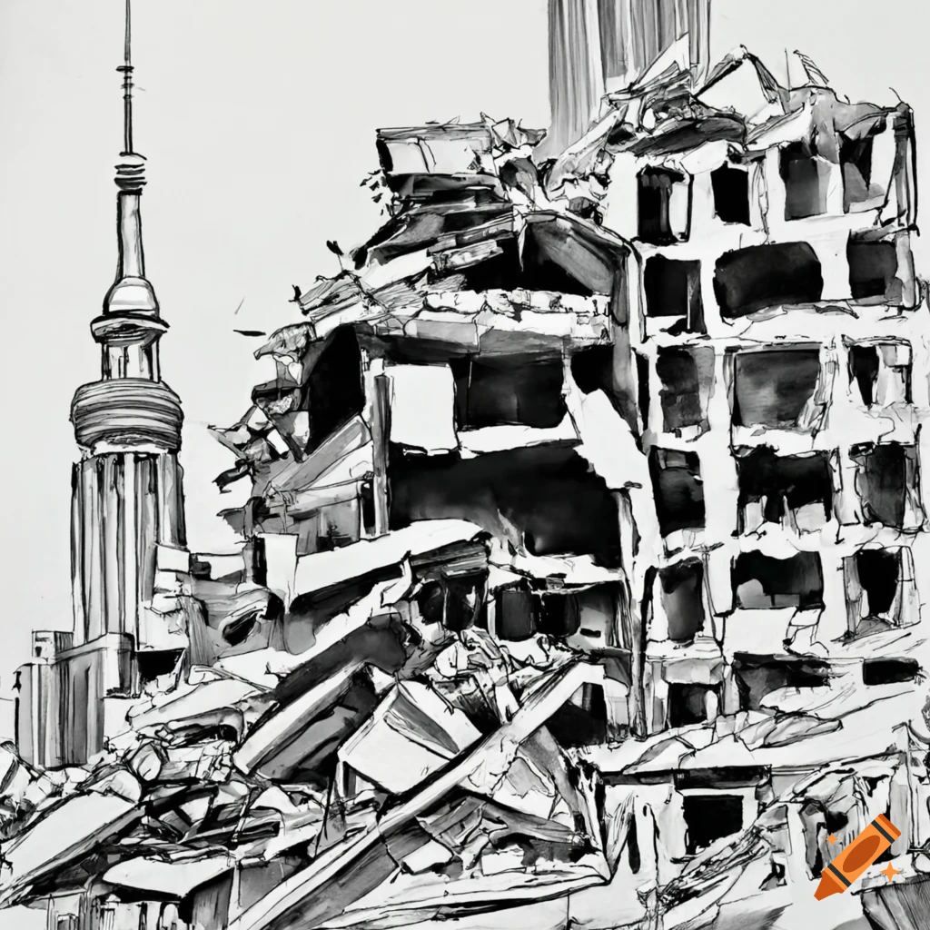 High quality black and white ink drawing of toronto buildings being ...