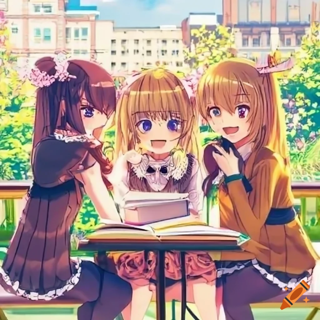 Cheerful group of anime girls studying together at a flower-filled ...