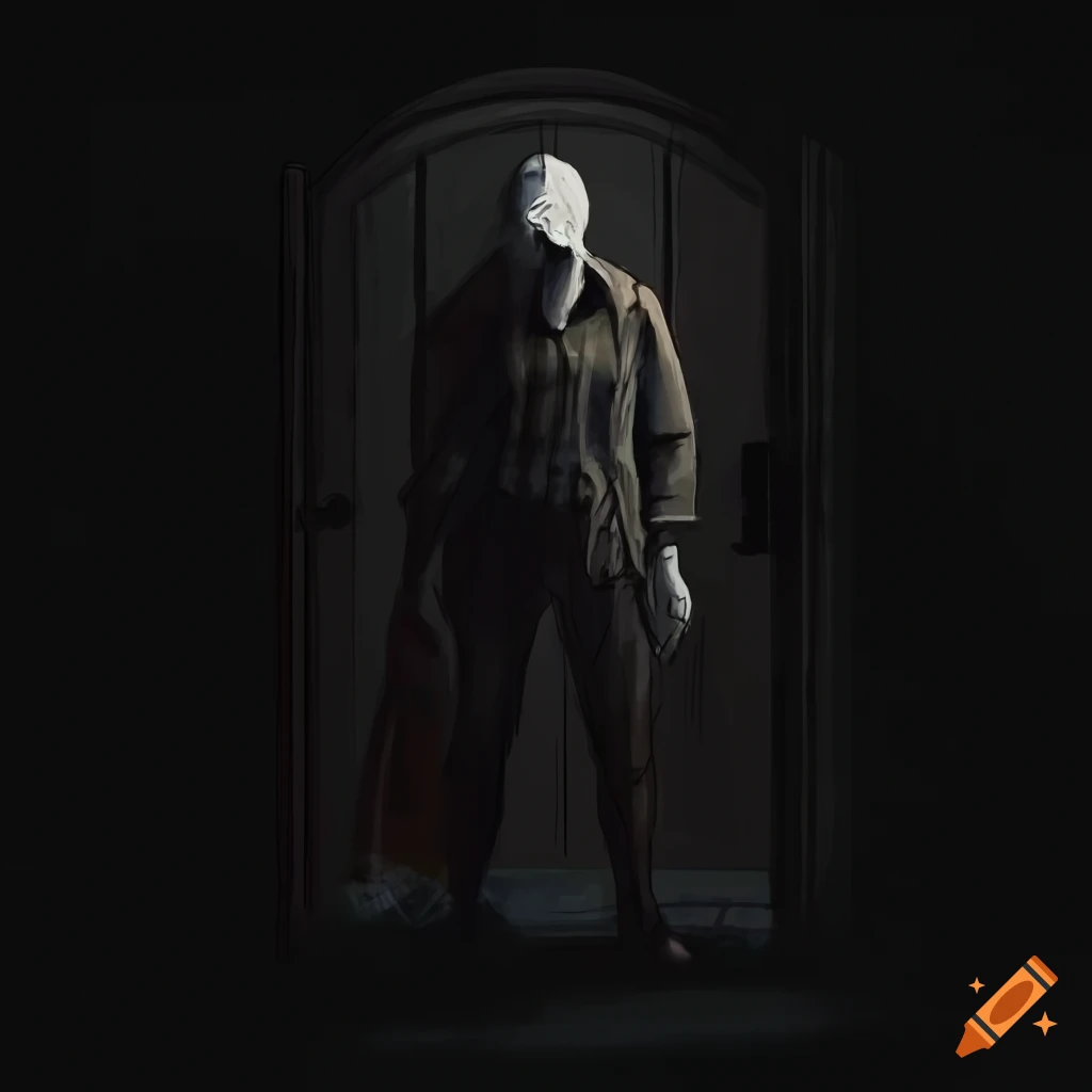 Creepy masked figure standing in a dark doorway on Craiyon