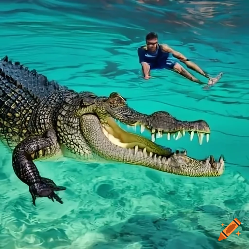 Man riding a crocodile while swimming on Craiyon