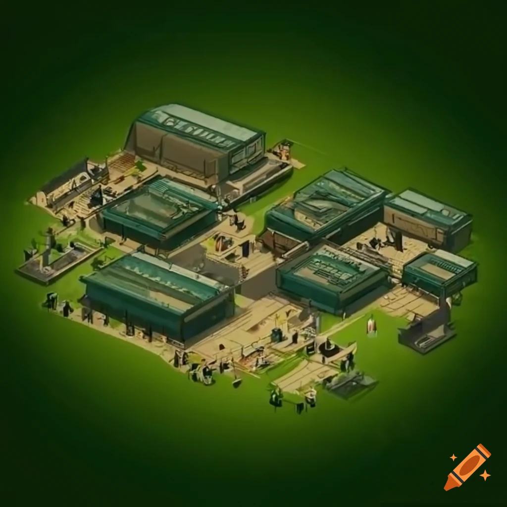 Isometric view of a large military training camp on Craiyon