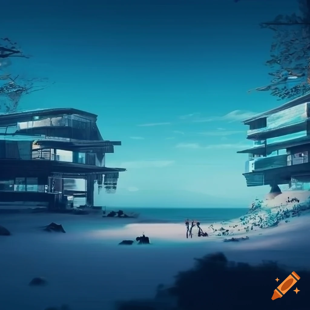 Sunny cyberpunk beach with nordic architecture and mountain views on ...