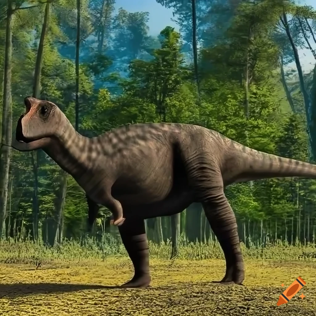 Colorful Hadrosaurus dinosaur in a natural forest environment on Craiyon