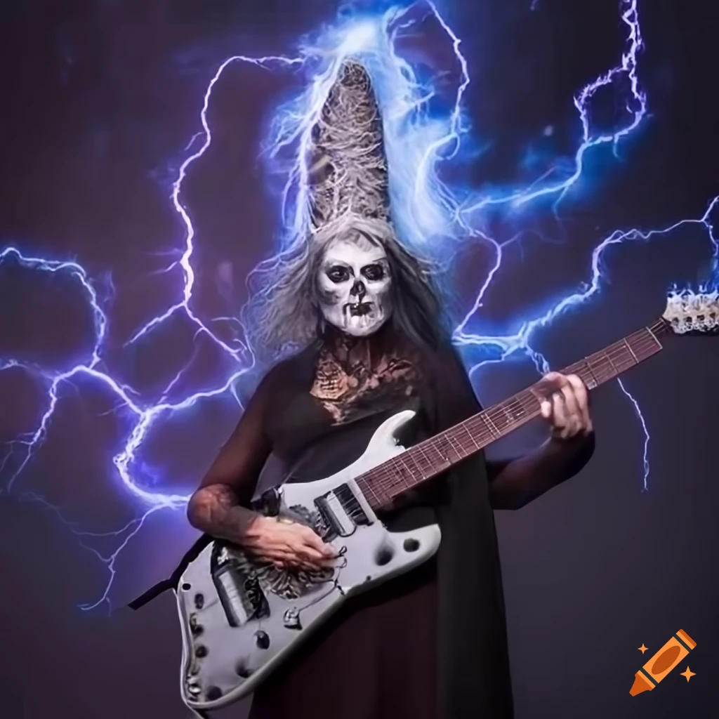 Witch with gray hair playing a high-tech guitar in a cosmic lightning ...