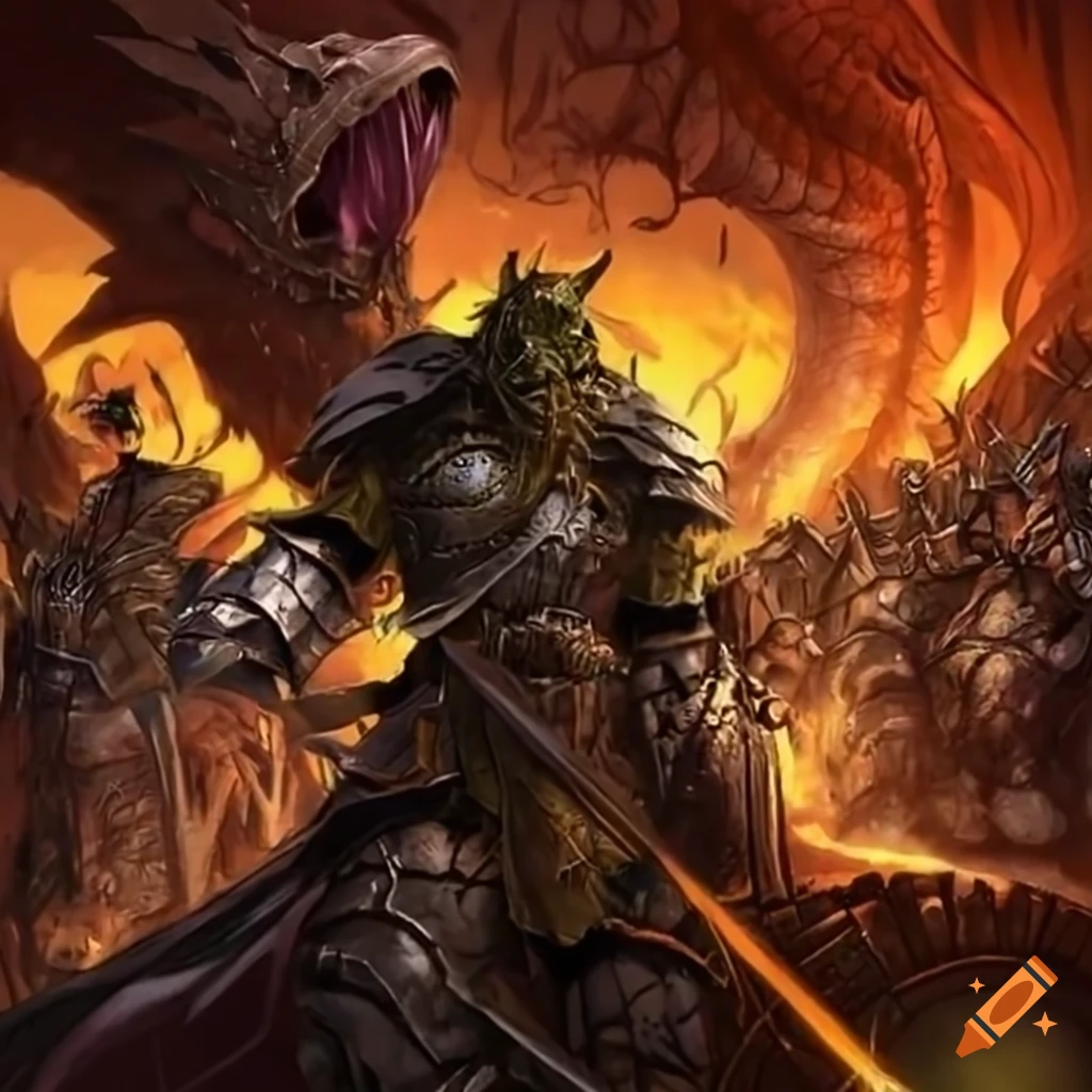 Epic battle of orcs and dragons in a medieval fantasy setting on Craiyon