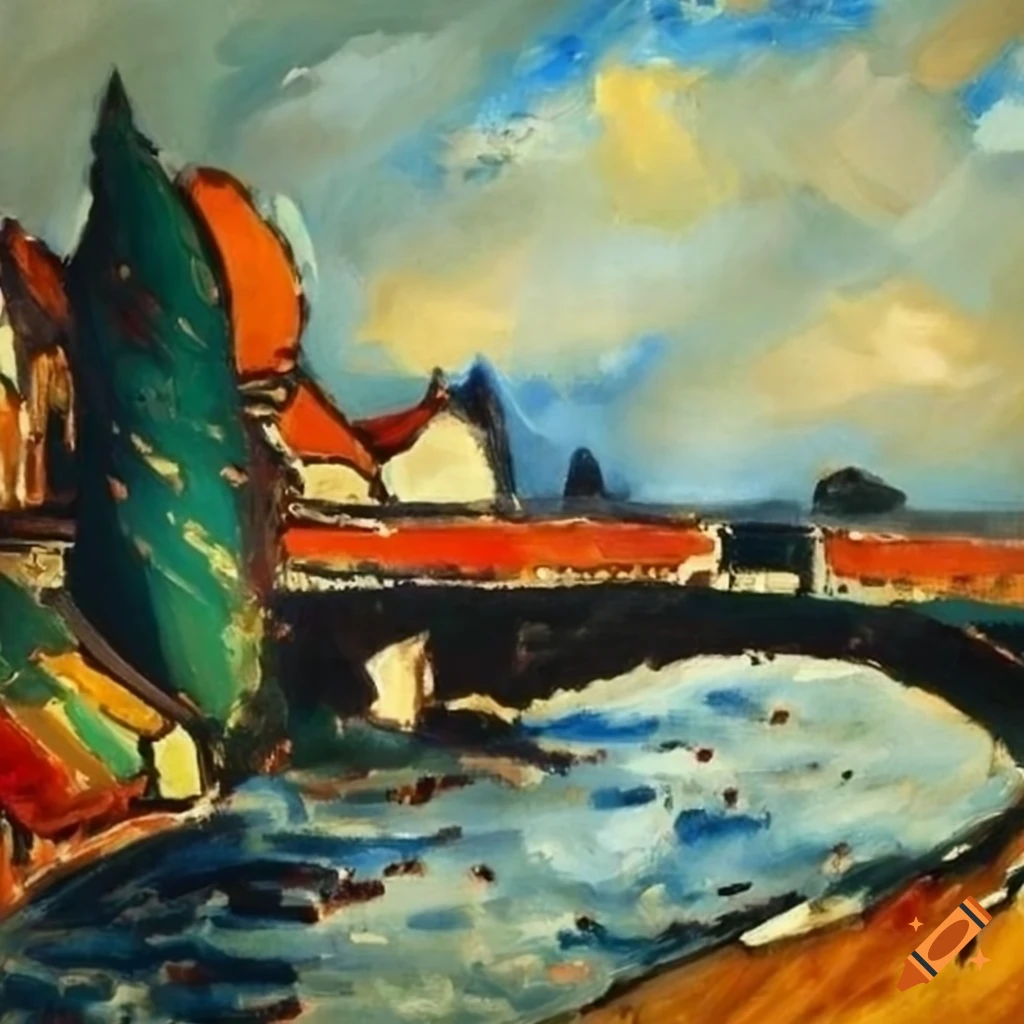 Painting of a bridge by maurice vlaminck and louis valtat in browns and ...