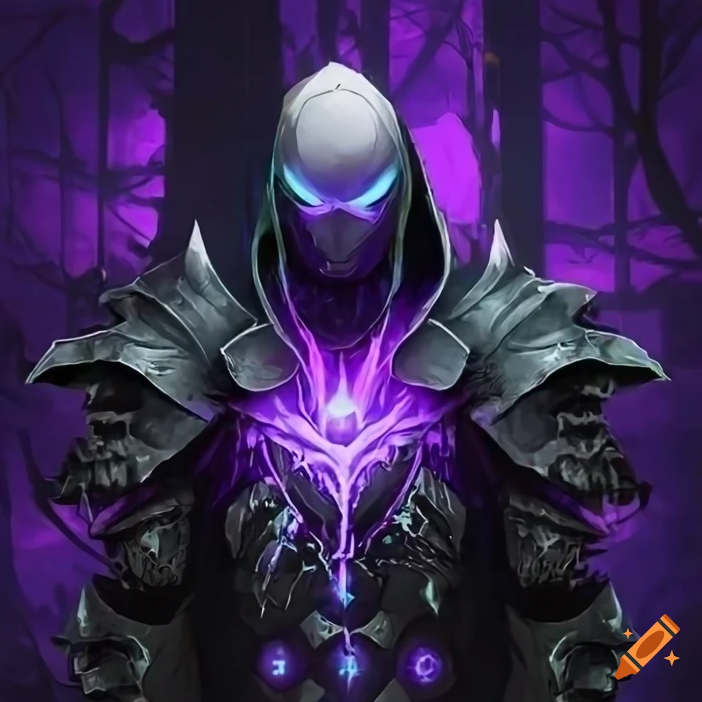 Cybernetic void knight in black cargo coat glowing purple on Craiyon
