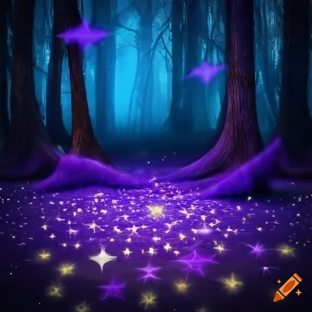 Enchanted blue-purple forest with large yellow stars on the ground on ...