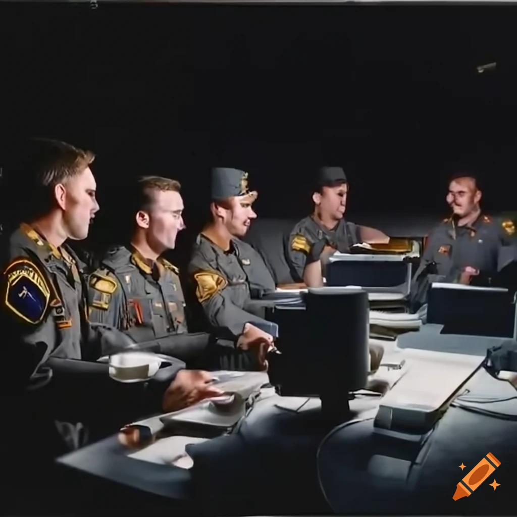 Combat command center with clustered personnel and power feeds on Craiyon