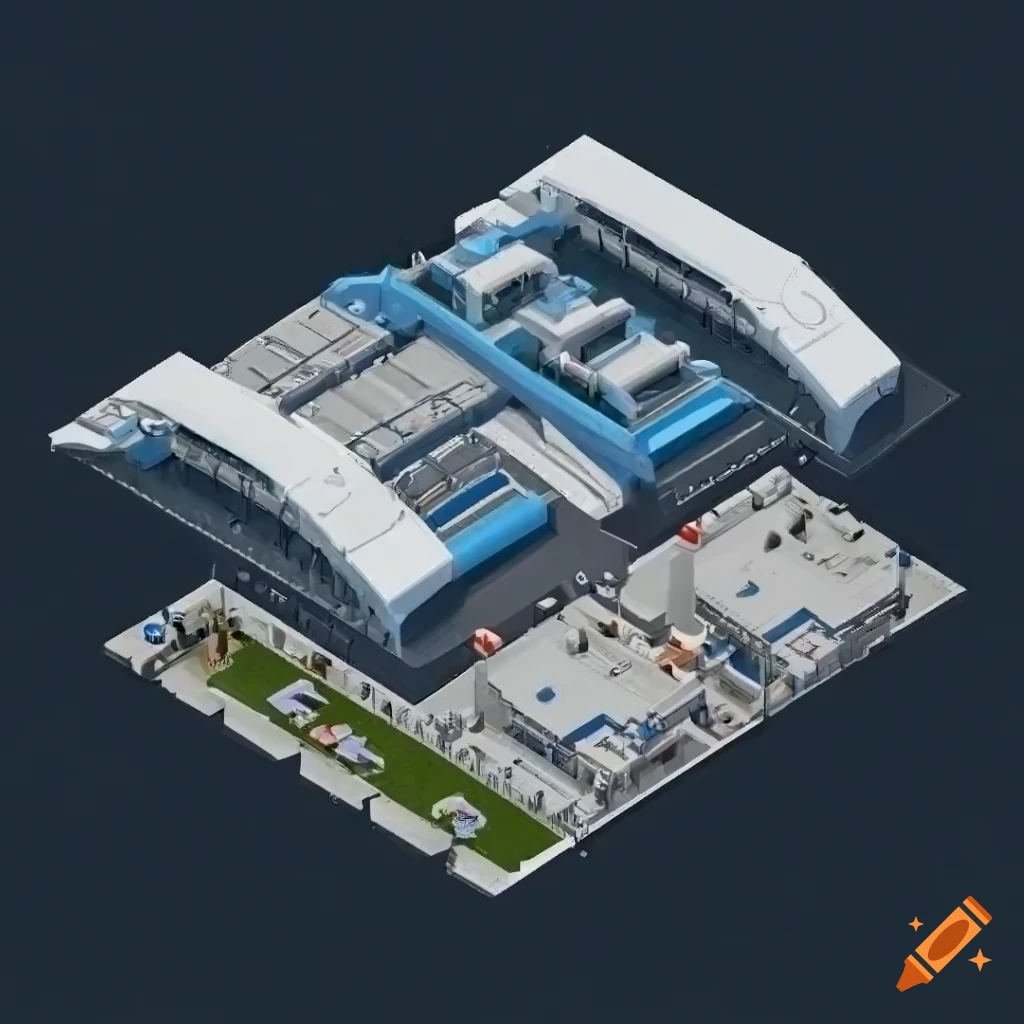 Isometric view of a large factory complex for mammoth tanks with parking lot and highways on Craiyon