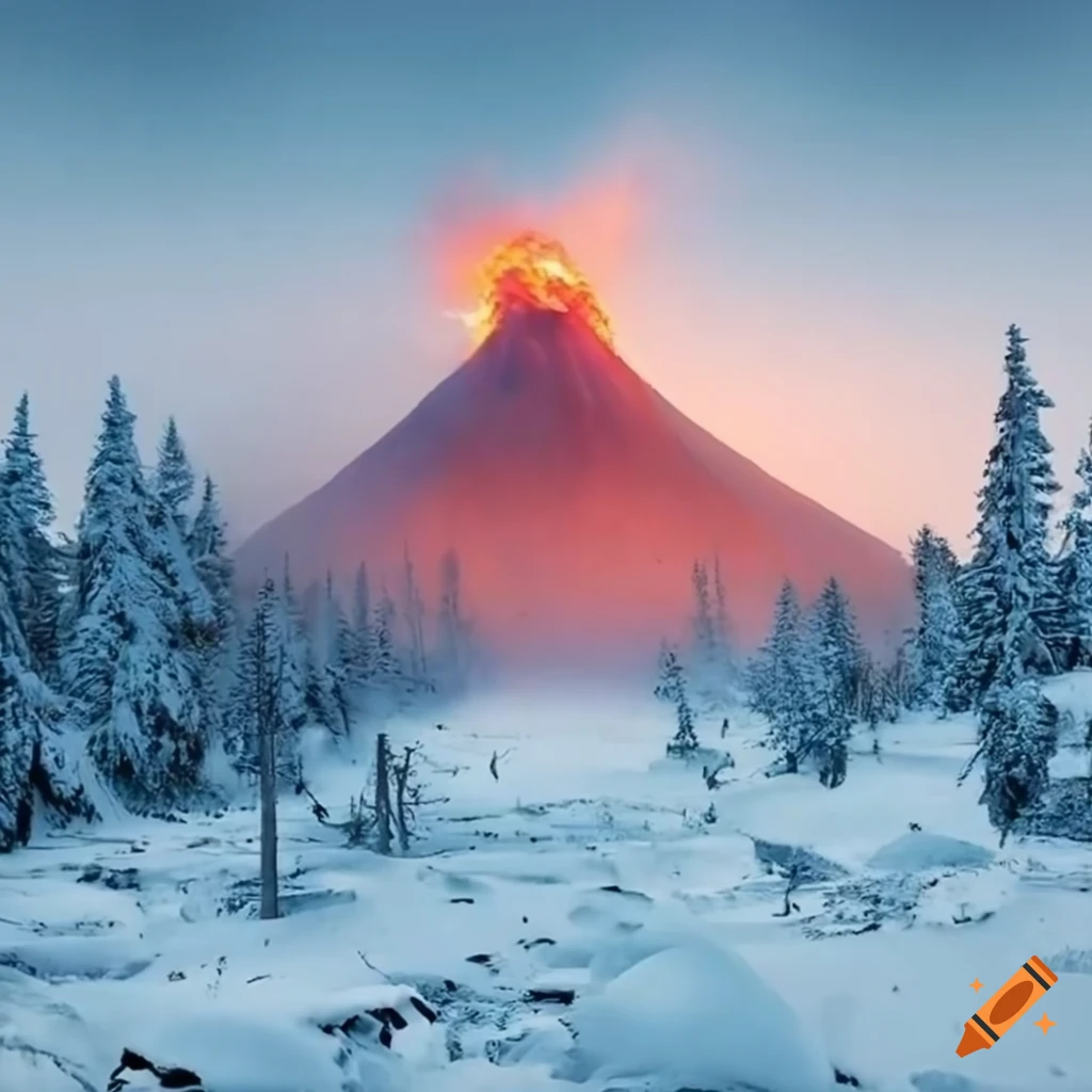 Dystopian prison above a fiery volcano in a snowy forest on Craiyon