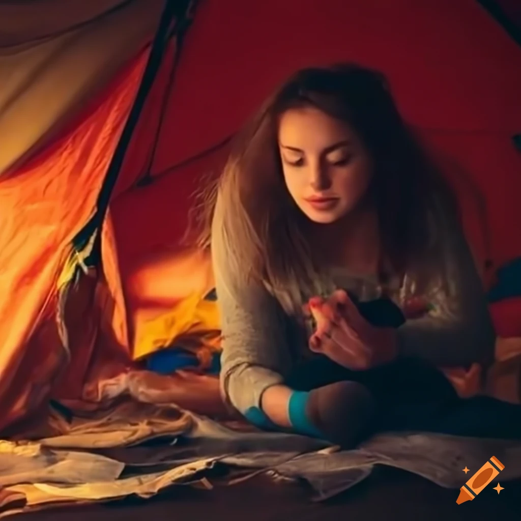 Young woman taking a break in a messy tent on Craiyon
